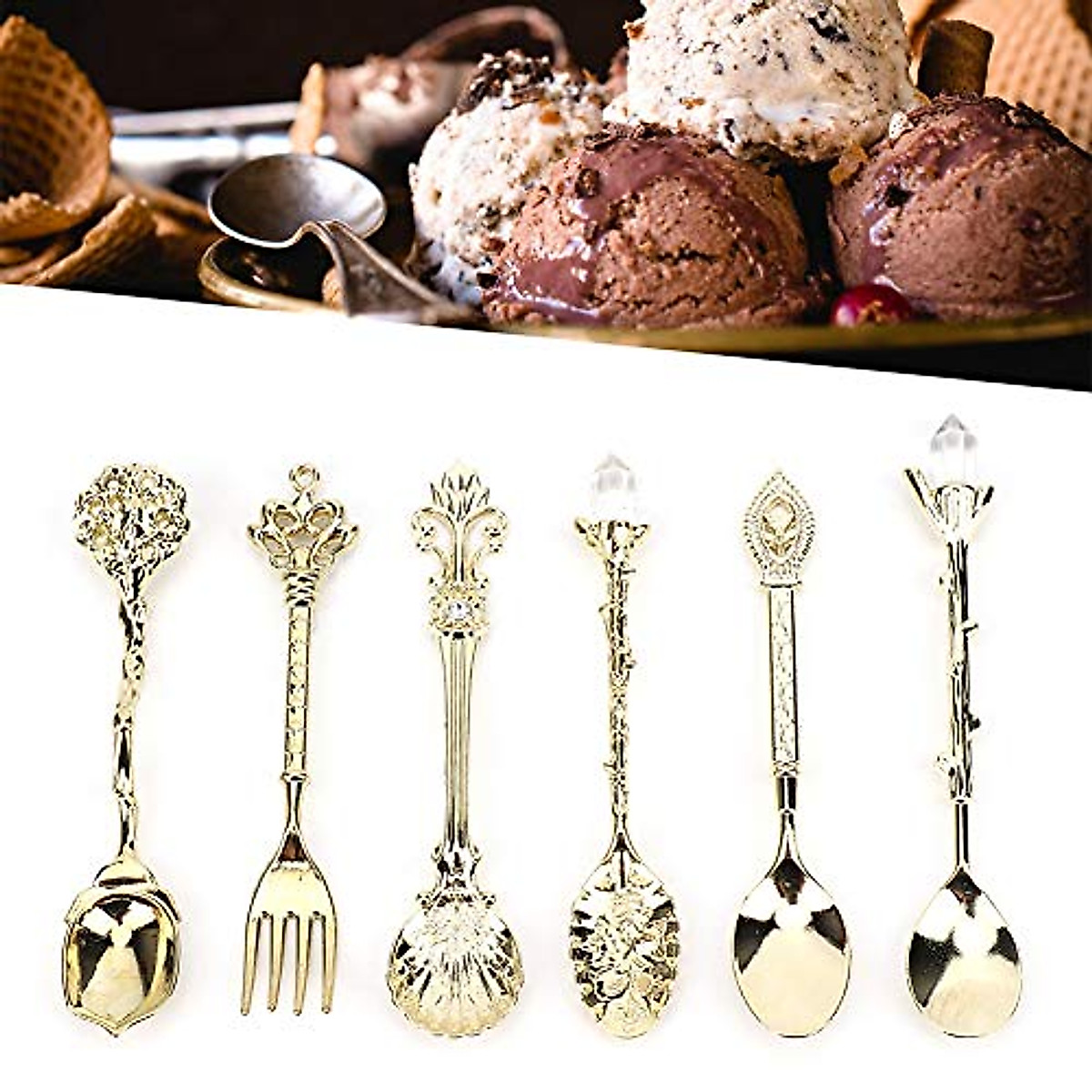 Spoon, 6Pcs Set Innovative Vintage Retro Zinc Alloy Spoons Fork Set Cutlery Kitchen Accessory for Mixing and Stirring Drinks, Cocktails, Milk (Gold (auspicious knot fork handle))