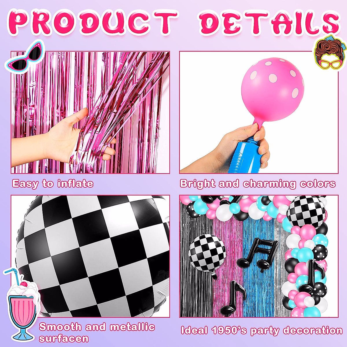 Jecery 122 Pcs 50's Music Theme Birthday Party Decorations Karaoke Rose Red Blue Black Tinsel Curtains Music Note Balloons Karaoke Music Party Supplies Photo Backdrop