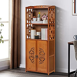 MoNiBloom 4 Tier Bookcase with Storage Cabinet, Bamboo Book Shelves Display Shelf with Carved Door for Home Office Living Room Study Room, Brown