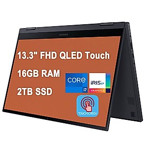 Samsung Galaxy Book Flex2 Alpha 2-in-1 13 Laptop 13.3" FHD QLED Touchscreen 11th Gen Intel Quad-Core i7-1165G7 16GB RAM 2TB SSD Backlit Keyboard Fingerprint USB-C Dolby Atmos Win10 Black