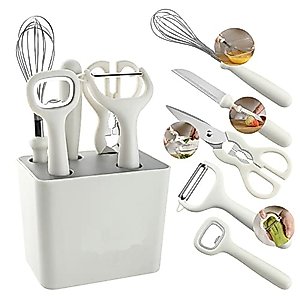 COMUSTER Kitchen Gadgets Set,Kitchen Scissors, Kitchen Utensils Set with Holder, Paring Knife,Whisk,Bottle Opener,Peeler- Home Kitchen Gadgets(White 6 Pieces set)