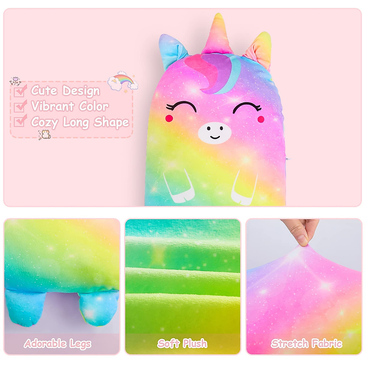 Body Pillow for Kids Girls Long Unicorn Pillow Soft Plush Unicorn Stuffed Animals with Removable Insert, 33 Inch, Rainbow