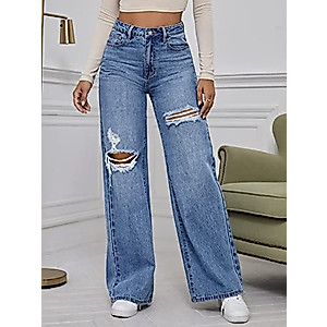 WDIRARA Women's High Waist Ripped Wide Leg Baggy Jeans Distressed Denim Pants Medium Wash S