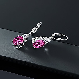 Gem Stone King 925 Sterling Silver Pink Created Sapphire and White Zirconia Dangle Earrings For Women (6.50 Cttw, Gemstone September Birthstone, Oval 10X8MM, Trillion 5MM)