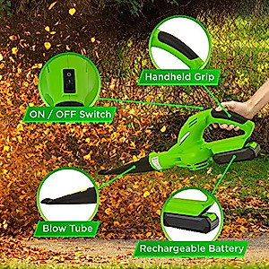 Lightweight Cordless Leaf Blower - 18V, 55 MPH Air Speed - Perfect for Decks, Gutter Cleaning, Snow & Small Yards - Rechargeable Battery & Charger Included, Average Charge Time 4 Hrs - Only 5 lbs.