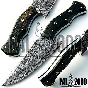 PAL 2000 HUNTING KNIVES Knife With Leather Sheath - Handmade damascus Steel Knife - Custom Knife - 9 Inches Micarta Handle, 9556 Black, White and Gray