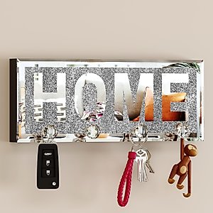 SHYFOY Crystal Clear Hooks Key Holder Key Hanger, Sparkly Mirrored Home Letters Plaque Sign for Wall Decor, Silver Mirror Decoration Wall Art, Wall Mounted Home Decor