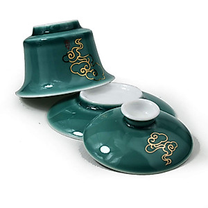 Porcelain Gaiwan 5oz /150ml Teacup White Glazed Classical Chinese Auspicious Clouds Tea Cup Tureen Sancai Cover Bowl Lid Cup Saucer Set (Green)