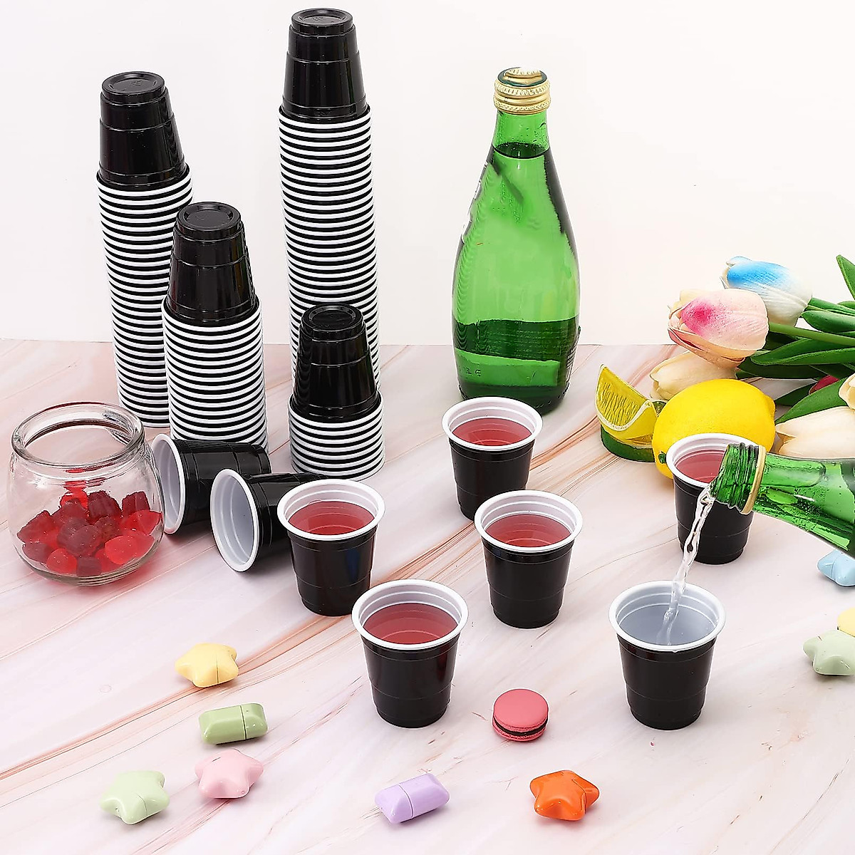 Cynquma 200Pcs 2 oz Black Plastic Shot Glasses, Disposable Mini Party Cups for Drinking, Birthday Parties, Weddings, and Other Occasions