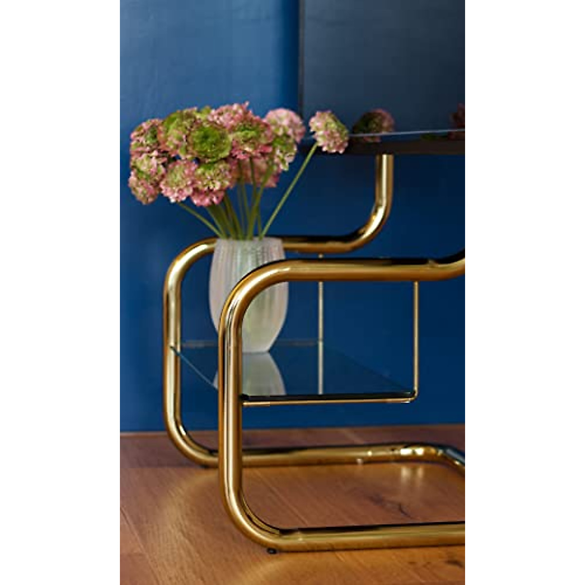 zeitgeist TV Stand Modern Minimalist w/Shelf Floor Stand Metal up to 65 inch for Corner, Living, Studio. Height Adjustable Mount, Portable. w/HDMI, Antenna, Power Cable pre-Installed. Brass Gold