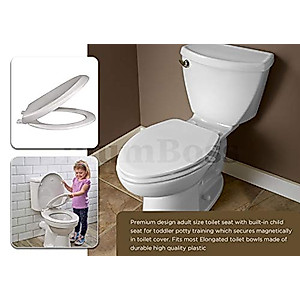 PlumBoss E2000 Elongated Toilet Seat with Built in Potty Training Toddlers Seat Magnetic Kids Seat Fits both Adult and Child Plastic Off white