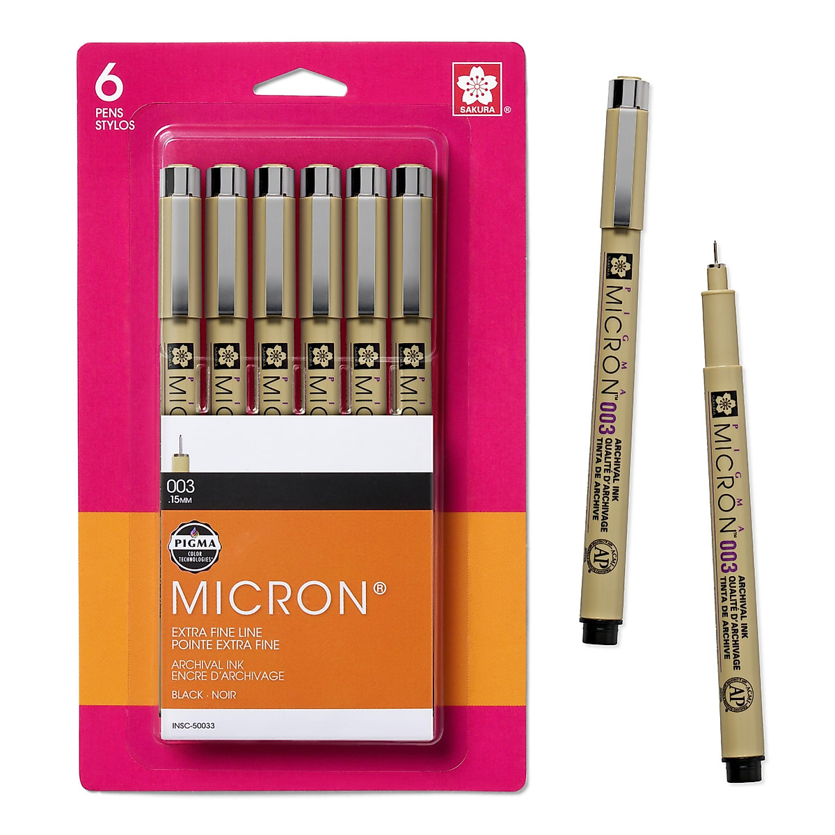 Sakura Pigma 50033 Micron Blister Card Ink Pen Set, Black, 003 Black 6CT