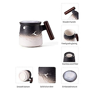 TANG PIN Moon Deer Ceramic Tea Mug with Infuser and Lid Coffee Mug with Strainer and Wooden Handle 14.5 OZ (Black&Blue)