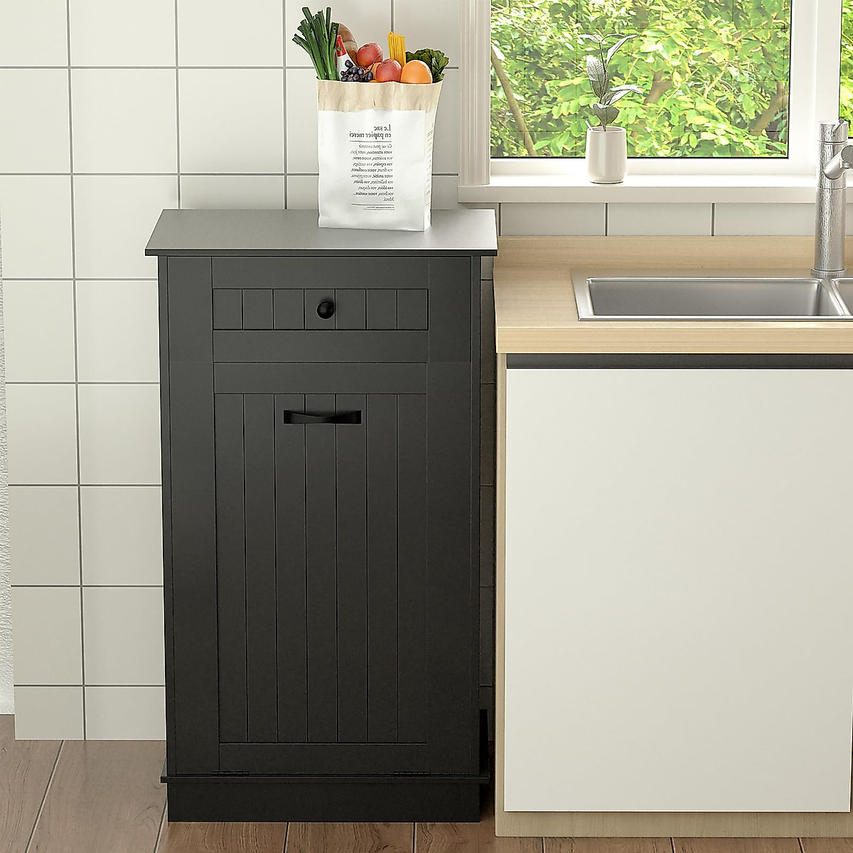 Visiblesser 10 Gallons Tilt Out Trash Bin Cabinet, Wooden Garbage Can Cabinet for Kitchen, Tilt Out Laundry Hamper Cabinet, Dog Proof Trash Cabinet Can Free Standing Holder, Black