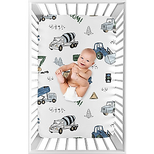 Sweet Jojo Designs Construction Truck Boy Fitted Mini Crib Sheet Baby Nursery for Portable Crib or Pack and Play - Grey Yellow Black Blue and Green Transportation