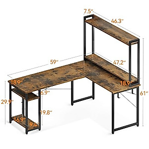 KKL L Shaped Desk with Hutch and Storage Shelves, 59" Inch Home Office Corner Computer Worstation Gaming Desk Rustic Brown