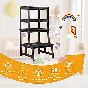 Costzon Kids Kitchen Step Stool with Safety Rail, Toddler Kitchen Stool w/Solid Bamboo Construction, Child Stand Helper for Kitchen Bathroom Living Room, Perfect for Toddler from 18-36 Months (Brown)