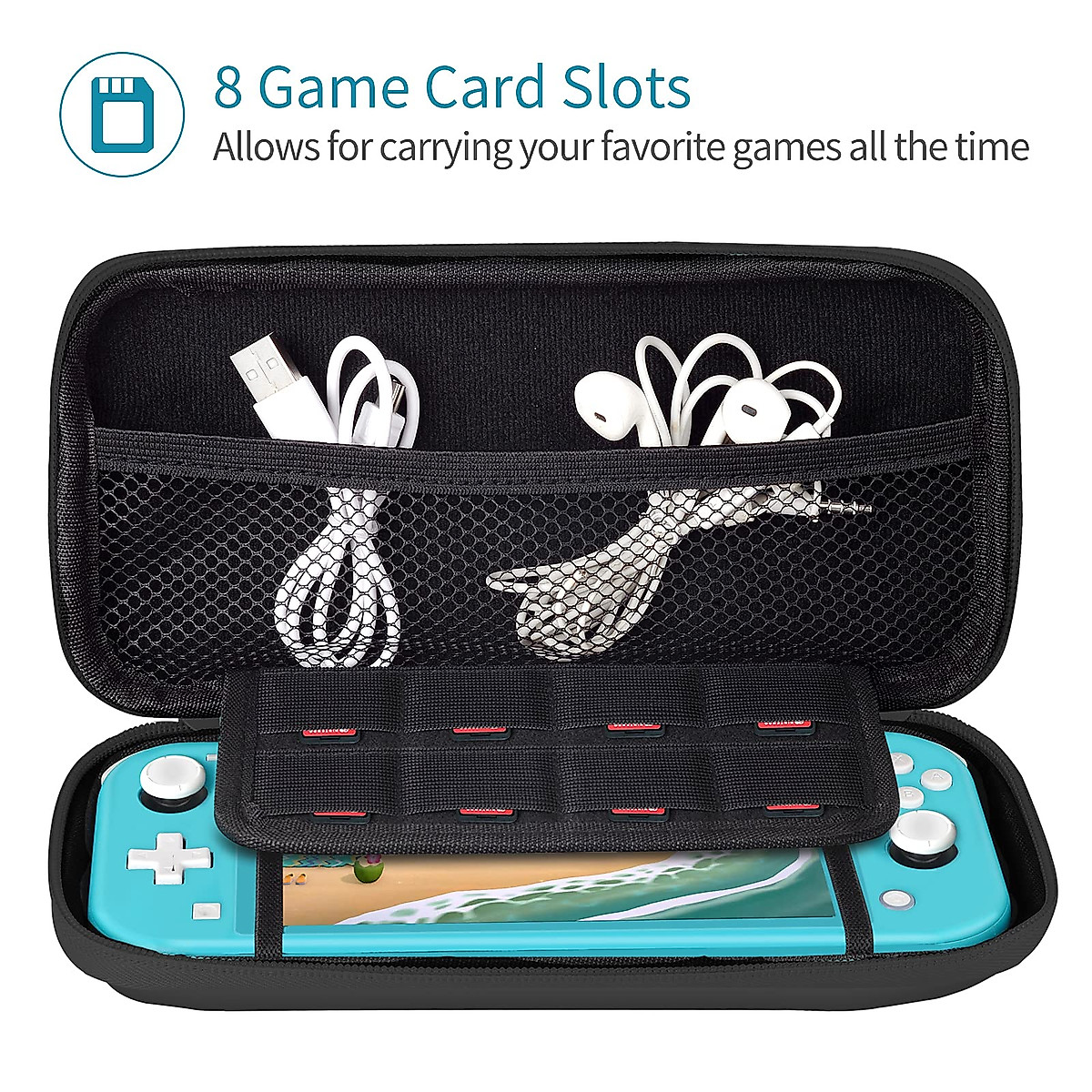 CoBak Carrying Case for Nintendo Switch Lite - with 1 Screen Protector, 1 Grip Case and 4 Thumb Grip Caps, Ultra Slim Premium EVA Travel Pouch Protective Cover, 8 Game Cartridges, Black