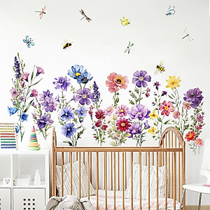 9 Pieces Flowers Wall Decals Flower Decals for Walls Vinyl Flowers Wall Stickers Peel and Stick Removable Butterfly Spring Floral Wall Decals Wall Art Decals Decor for Girls Bedroom Living Room