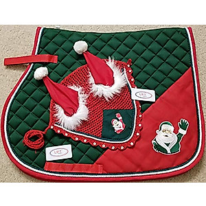 Lift Sports Horse Christmas Santa Claus Saddle PAD Set with Matching Fly Bonnet Ear NET Cotton Hand Made Crochet Fly Veil Hood MASK Equestrian Shows Breathable Cotton (Full/Horse)
