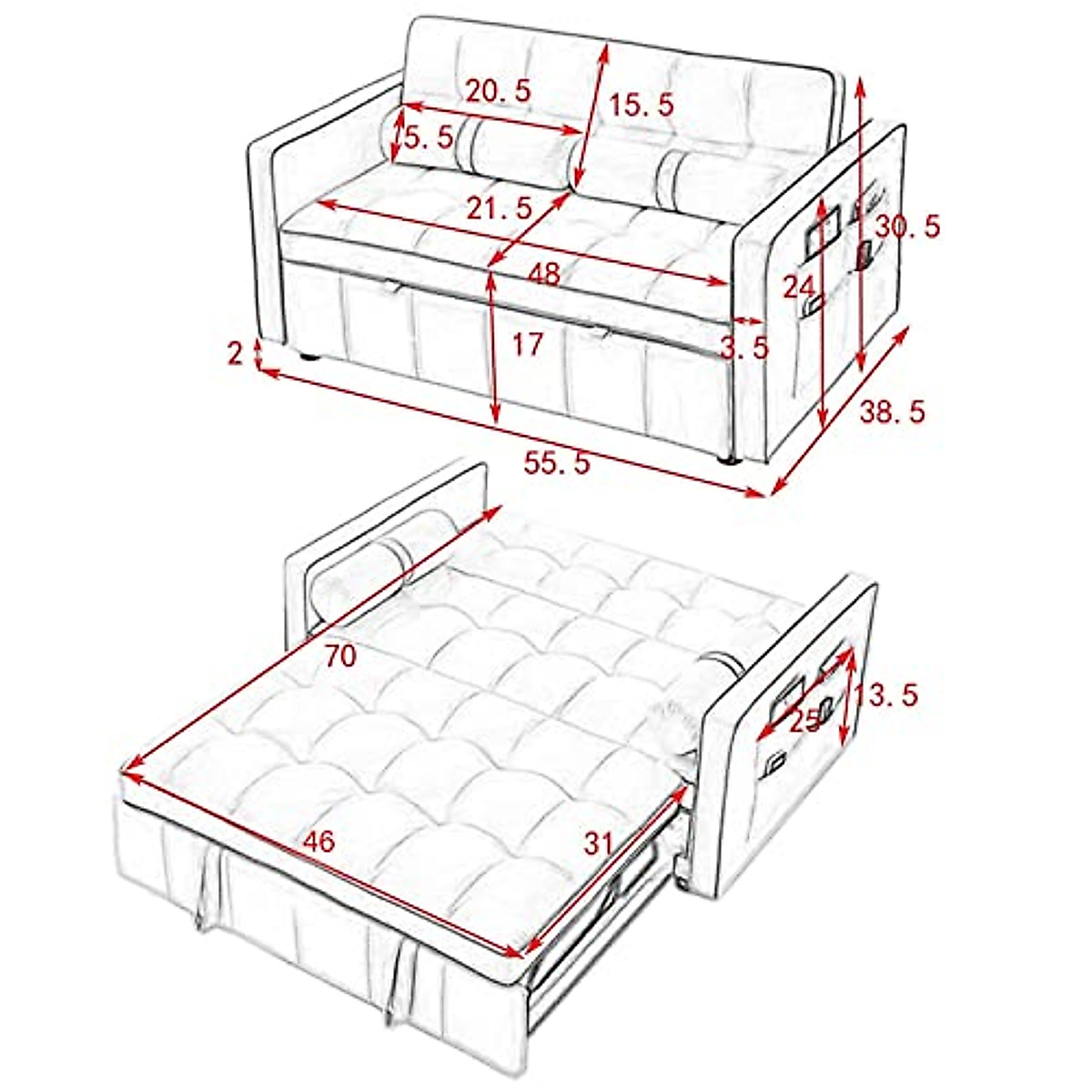 3 in 1 Sleeper Sofa Couch Bed, Small Tufted Velvet Convertible Loveseat Futon Sofa w/Pullout Bed, Adjustable Backrest, Cylinder Pillows, Multi-Pockets for Living Room Apartment, Grey, 55.5"