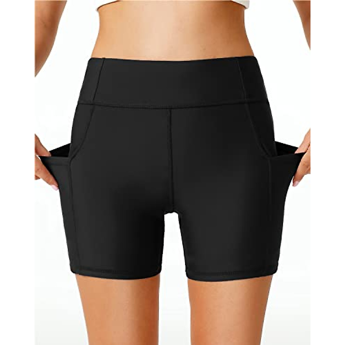 Yonique Women High Waisted Swim Shorts with Pockets Tummy Control Bathing Suit Bottoms Board Shorts Black S