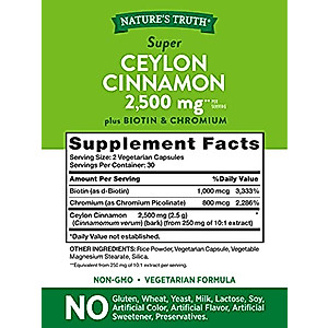 Ceylon Cinnamon Capsules | 2500mg | 60 Count | Vegetarian, Non-GMO & Gluten Free Supplement | Plus Chromium and Biotin | by Nature's Truth