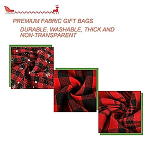 HRX Package Big Fabric Drawstring Gift Bags, 6pcs Reusable Christmas Sacks Red and Black Buffalo Plaid Cloth Pouches for Xmas Presents Party Favor