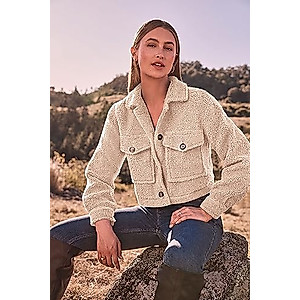 PRETTYGARDEN Womens Fall Clothes Sherpa Shacket Jacket Fuzzy Lapel Button Down Cropped Coat Winter Outerwear (Beige,Large)