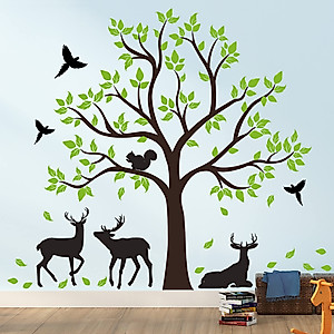 61"x56" Big Green Tree Wall Decals Elk Wall Sticker Leaves Wall Decal DIY Removable Giant Plants Animals Wall Stickers for Baby Kids Girls Bedroom Living Room Nursery Office Sofa Background Home Decor
