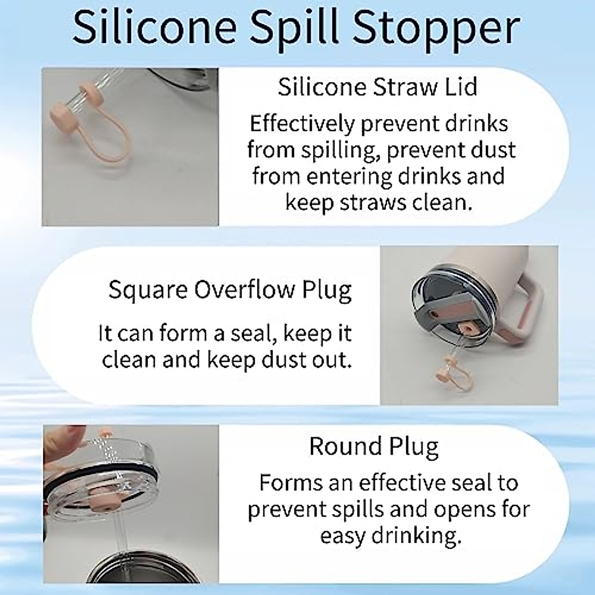 Silicone Spill Stopper Set, Stanley Leakproof Kit Compatible with 1.0/2.0 40oz/ 30oz, Stanley Cup Accessories Including 2 Straw Cover Caps, 2 Square Leak Stoppers, and 2 Round Lid Stopper Plug