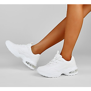 LUCKY STEP Women‘s Air Cushion Fashion Sneakers Platform Casual Walking Resistant Tennis Shoes Hologram Leather Comfortable Travel Sneakers(All White,9B(M) US)