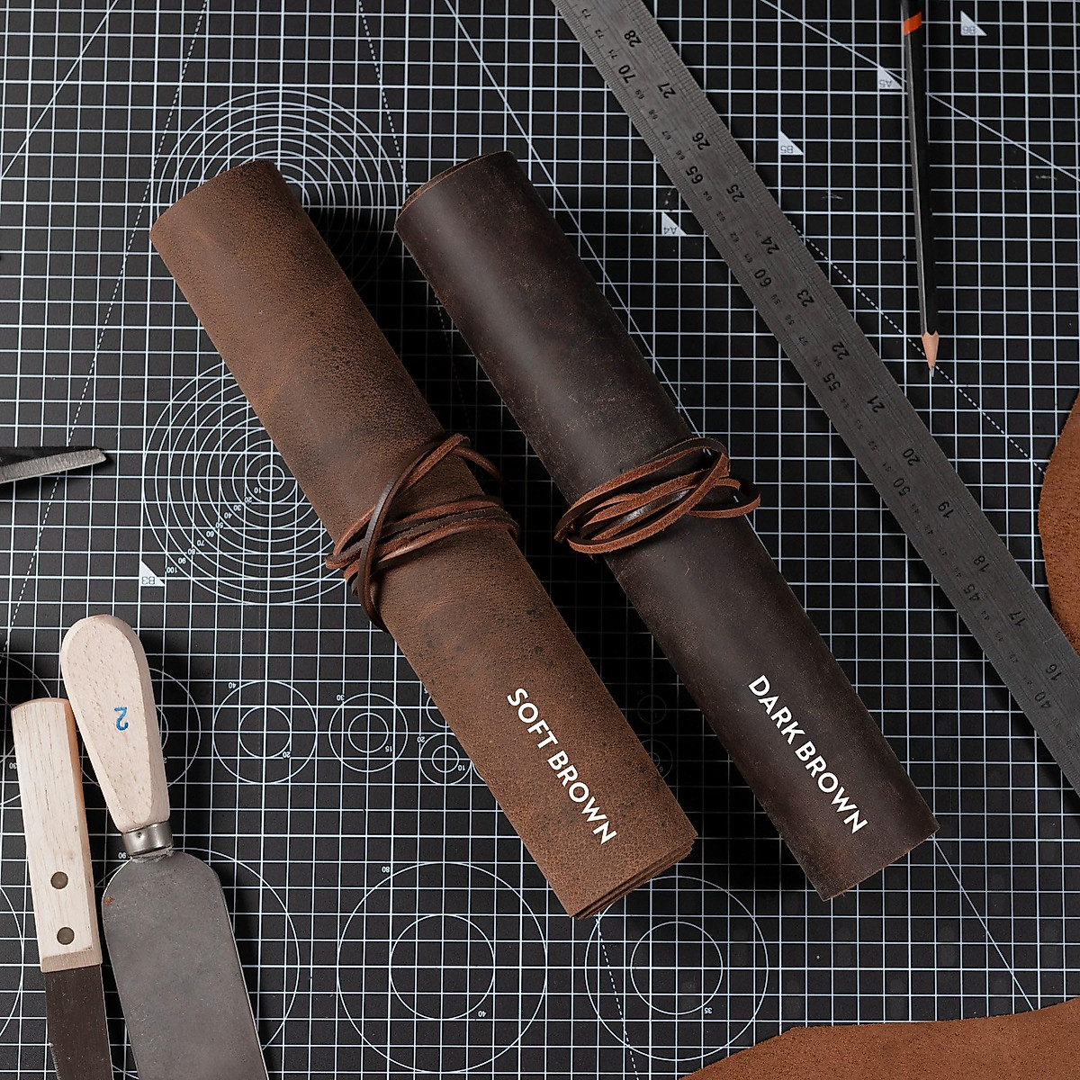 Moonster Genuine Leather Sheets for Crafts, Tooling Leather Sheet 12"x24" – Full Grain Buffalo Leather Fabric, Leather Crafting Kit, Veg Tan Leather for Leather Craft with 36" Cord – Soft Brown