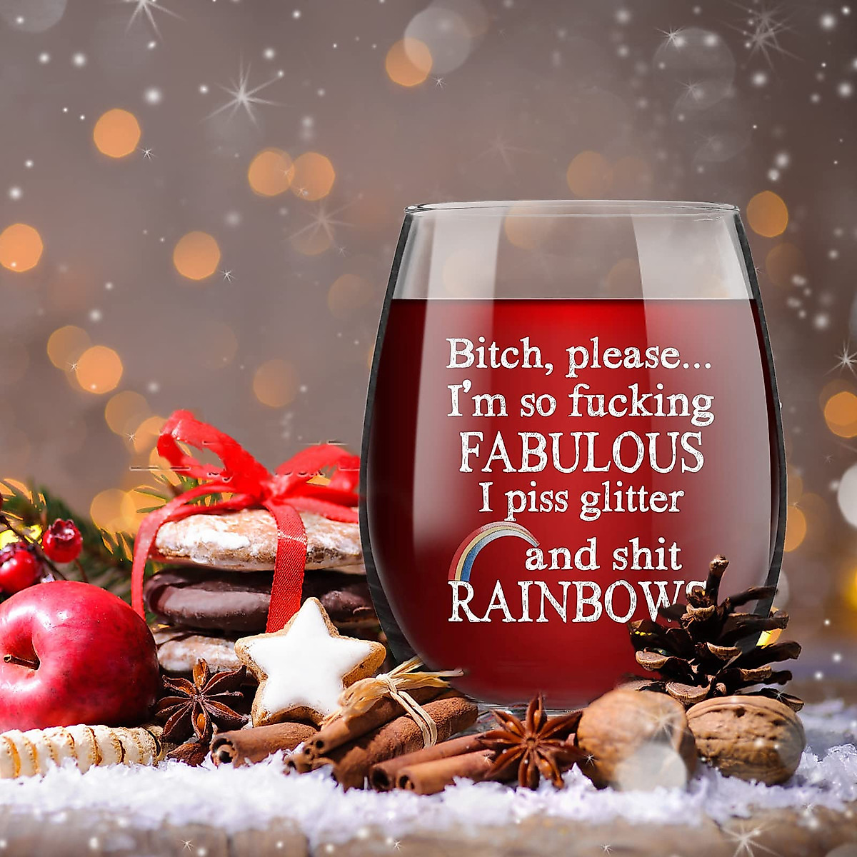 Funny Wine Glass Gift for Women 15Oz, Please I’m So Fabulous I Pee Glitter Stemless Wine Glass, Unique Inspirational Gifts for Women Best Friends Sisters BFF Girlfriends, Birthday Christmas Gifts