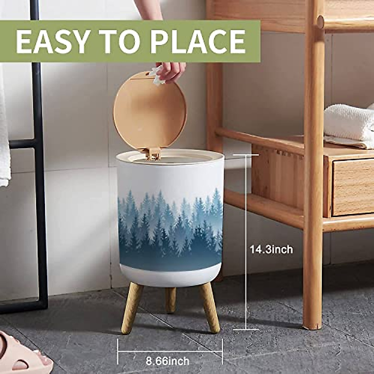 Small Trash Can with Lid for Bathroom Kitchen Office Diaper misty forest landscape detailed blue silhouettes coniferous trees Bedroom Garbage Trash Bin Dog Proof Waste Basket Cute Decorative