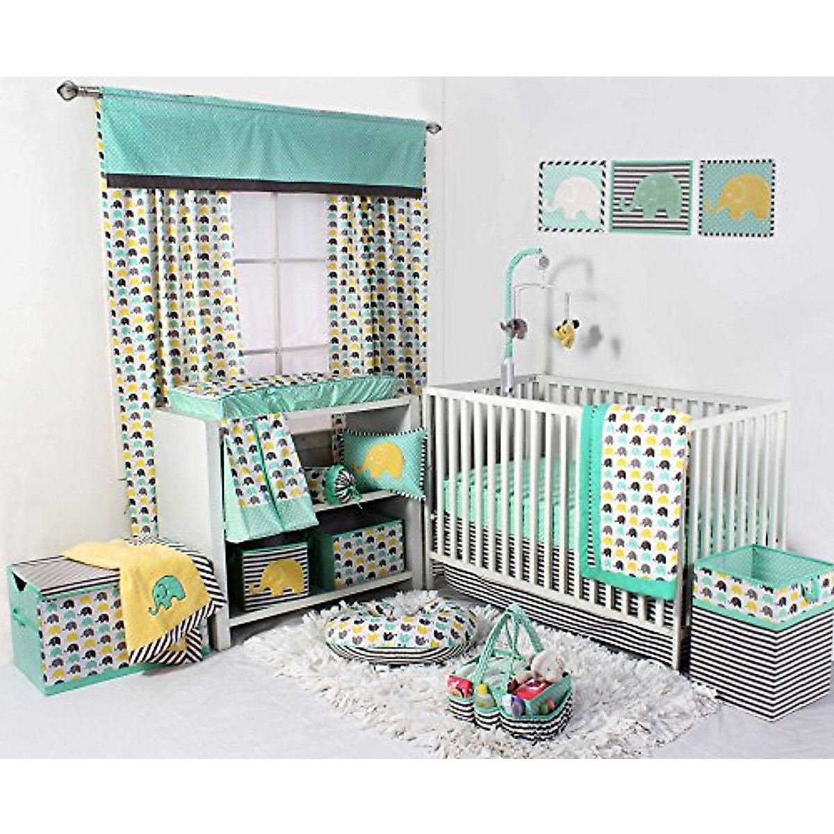 Bacati Elephants Unisex Activity Gym with Mat, Mint/Yellow/Grey