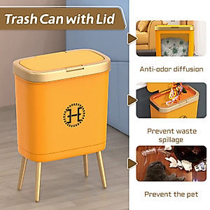 Bedroom Trash Can with Lid,Slim Bathroom Cans Lids, Dog Proof Press Top Lid,Modern Gold Plastic Waste Basket for Living Room, Office,Kitchen, 4 Gal-Orange
