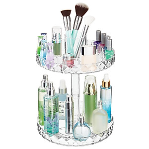 mDesign Spinning 2-Tier Lazy Susan Makeup Turntable Storage Center Tray - Rotating Organizer for Bathroom Vanity Counter Tops, Dressing Tables, Cosmetic Stations, Dressers - 10" Round - Clear