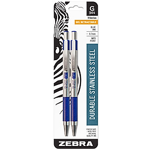 Zebra Pen G-301 Stainless Steel Retractable Gel Pen, Medium Point, 0.7mm, Blue Ink, 2-Count, 2 Pack (41322)