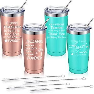 Patelai Teacher Appreciation Gifts 20 oz Teacher Travel Mug Thank You Teacher Gifts Bulk Teacher Tumblers with Lids Straws and Brushes Graduation Gifts for Women Men(Rose Gold, Mint, 4 Pcs)