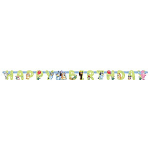 Bluey Birthday Party Supplies Bundle includes 1 Happy Birthday Banner , 3 Hanging Swirl Decorations, 1 Dinosaur Sticker Sheet