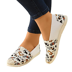BLShaoJ Slip On Cloth Casual Shoes for Women Flat Heel Shallow Mouth Platform Round Toe Print Outdoor Walking Breathable Comfortable Lightweight Trendy Elegant Business Fashion Loafers (#C-White, 8)