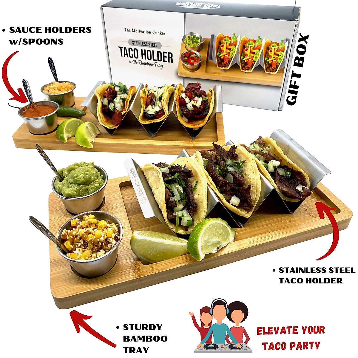 Stainless Steel Taco Stand Holder With Bamboo Tray - Set of 2 - Taco Tuesday With Four Sauce Holders and Four Spoons - Holds Up to 4-6 tacos - Stainless Steel Racks With Handles Oven & Grill Safe