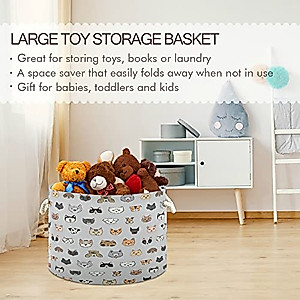 xigua Cat Dog Doodle Round Storage Basket Collapse Canvas Fabric Storage Bin with Cotton Handles for Organizing Home/Kitchen/Nursery/Office/Toy