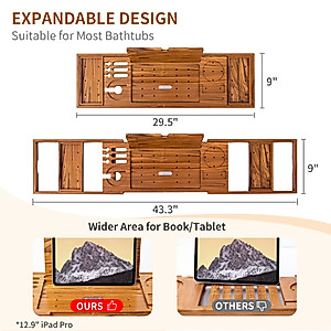 Axeman Teak Bathtub Tray - Bathtub Caddy for Luxury Bath Foldable Bath Tray Bath Tub Accessories with Expandable Handles Wine Glass Phone Holder Book Stand for Home Spa Relaxing and Reading，Natural