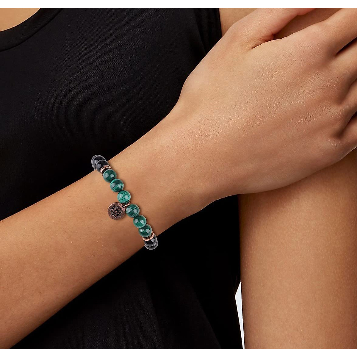 COAI Lotus Charm Black Tourmaline Malachite Stone Bracelet for Women