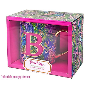 Lilly Pulitzer Initial Ceramic Coffee Mug, 14 Oz Tea Cup, Cute Mug with Gold Handle and Gift Box, L (How You Like Me Prowl)