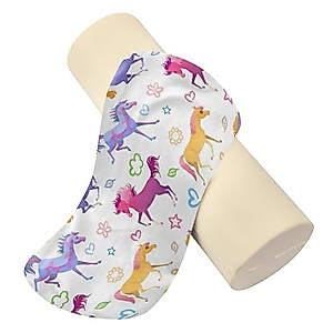 xigua Coloful Horses Neck Roll Pillow for Neck Relief with Removable Washable Cover - Memory Foam Round Cylinder Bolster, Ergonomically Designed for Head, Neck, Back, and Legs