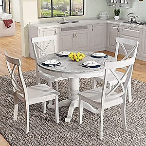 5 Piece Round Dining Table Set, Marble Top Kitchen Table Sets Dinette Set for 4 Include Marble Veneer Round Kitchen Table and 4 Chairs for Small Space (White)