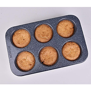 Monfish Jumbo Deep Muffin pan 6 cup large cupcake pan gray granite finish Carbon steel muffin tin 3.5x3inch cup (deep 6 cup)